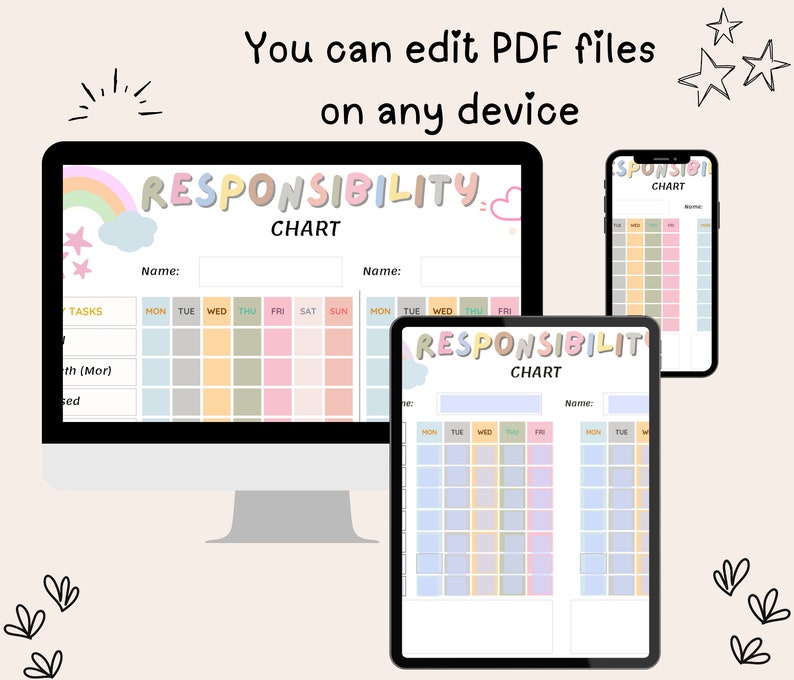 Responsibility Chart Two Kids, Editable Kids Chore Chart ...