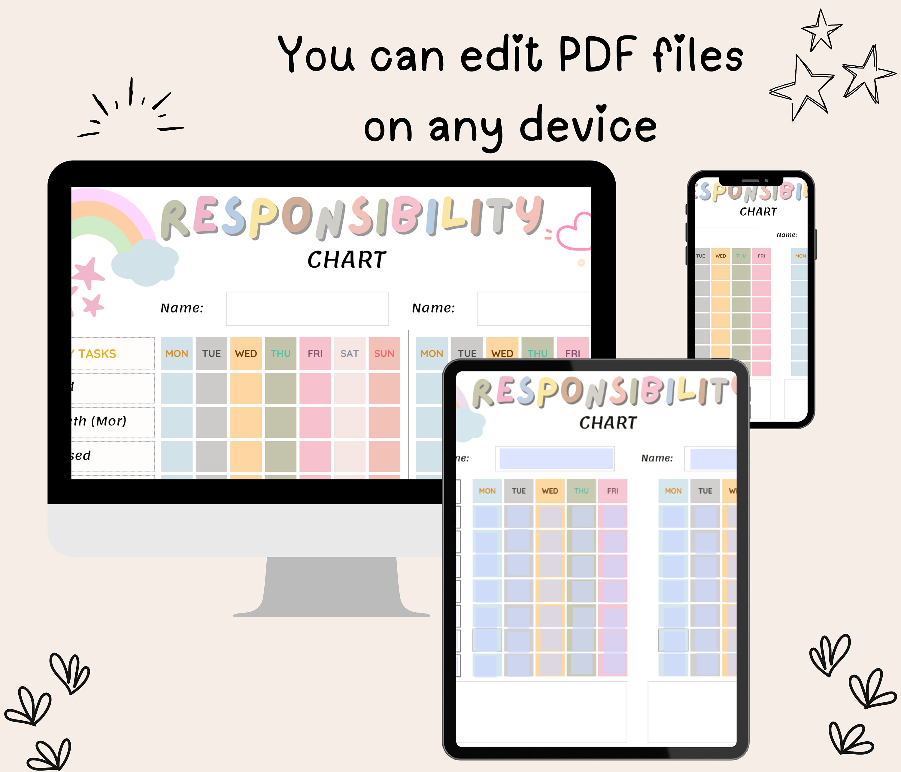 Responsibility Chart Two Kids, Editable Kids Chore Chart ...