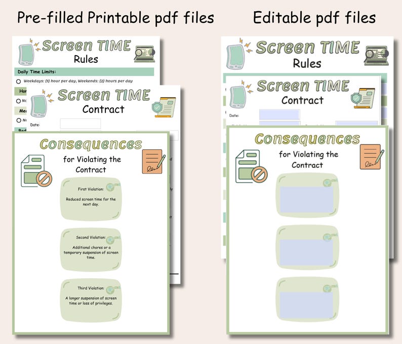 Screen Time Contract and Rules Chart Kids, Consequence Chart for ...