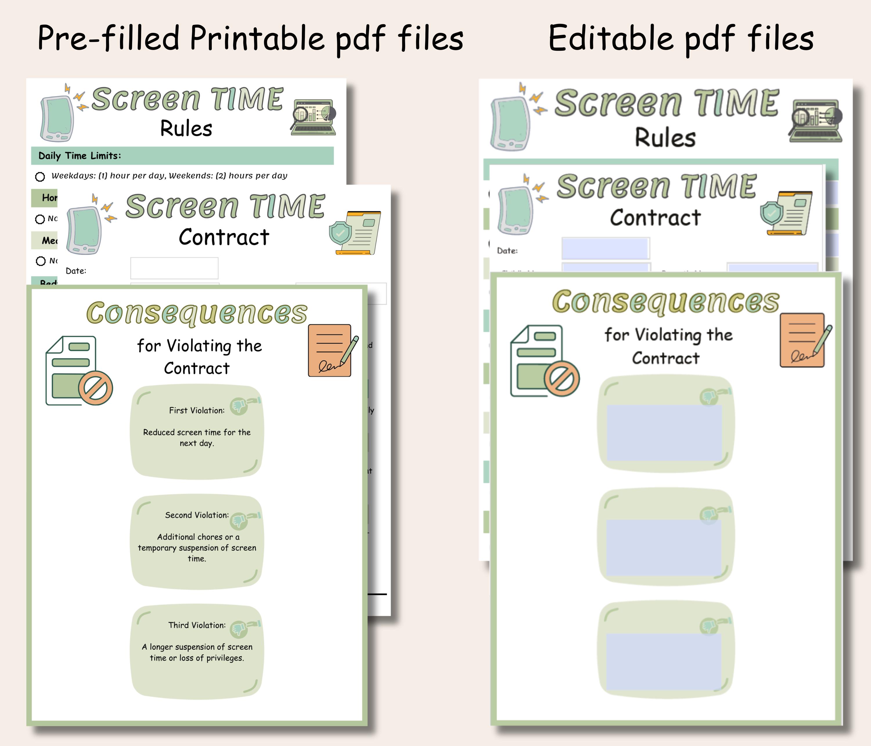 Screen Time Contract and Rules Chart Kids, Consequence Chart for ...