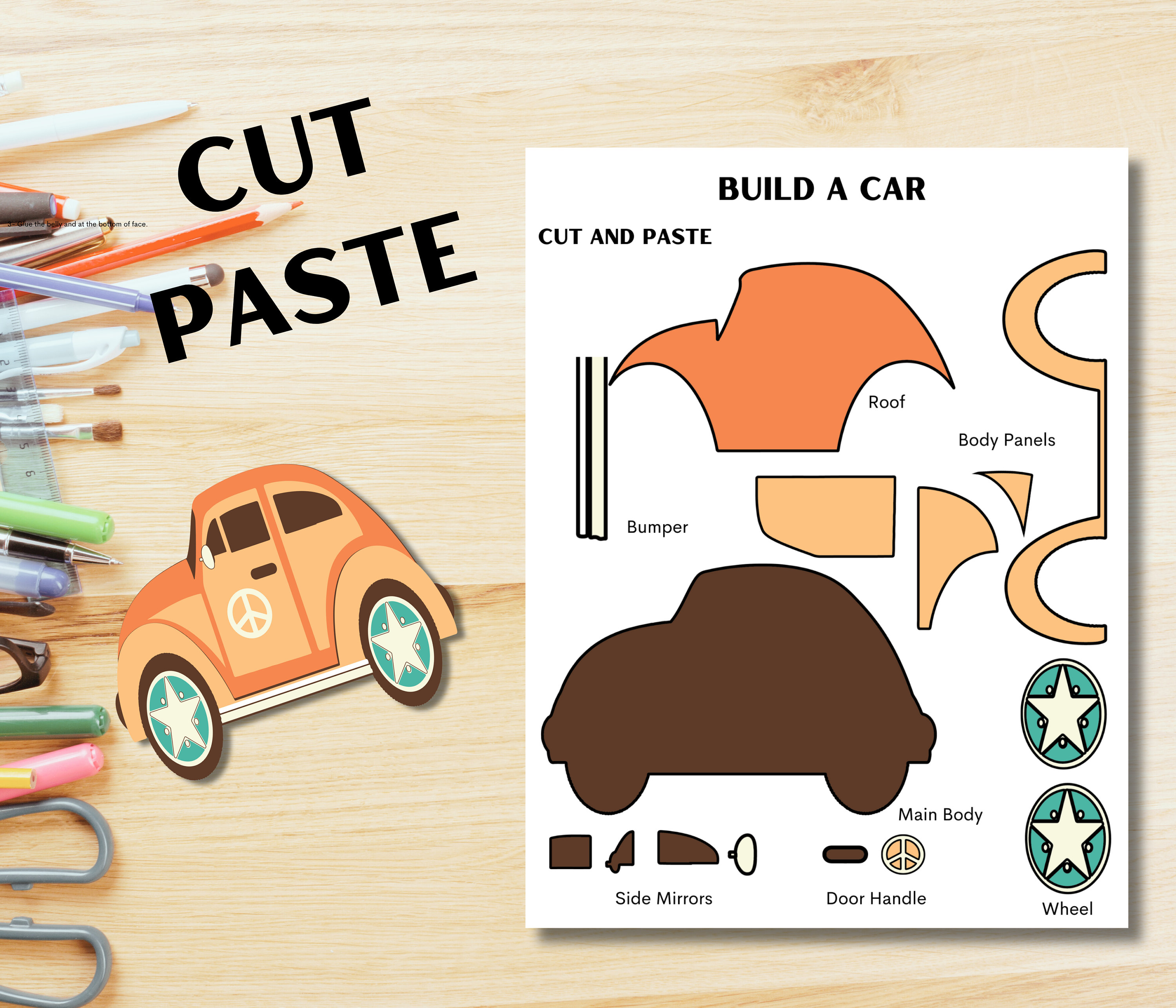 Cut and Paste Car Printable Activity, Toddler Cut and Paste Printable ...