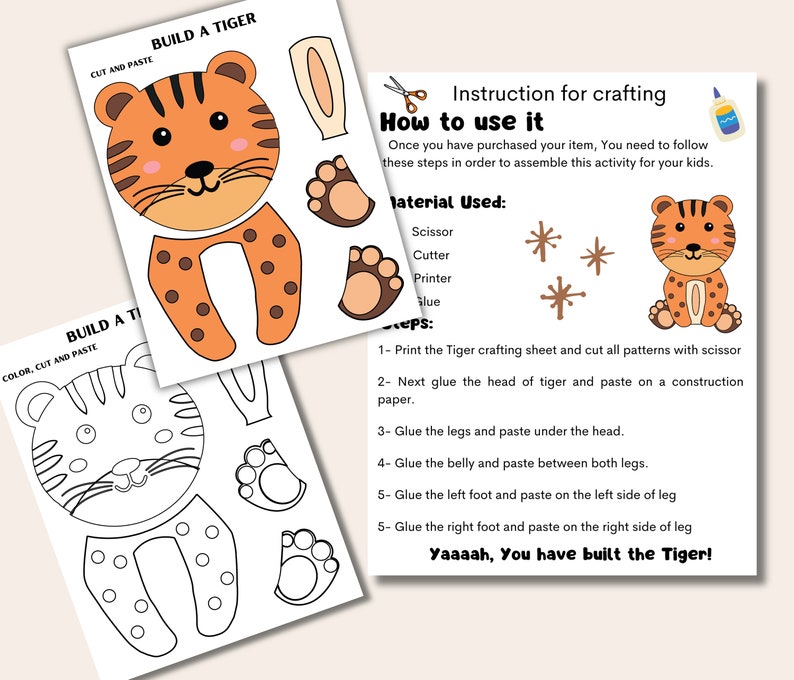 Tiger Cut Paste Activity, Preschool Cutting Practice, Kindergarten ...