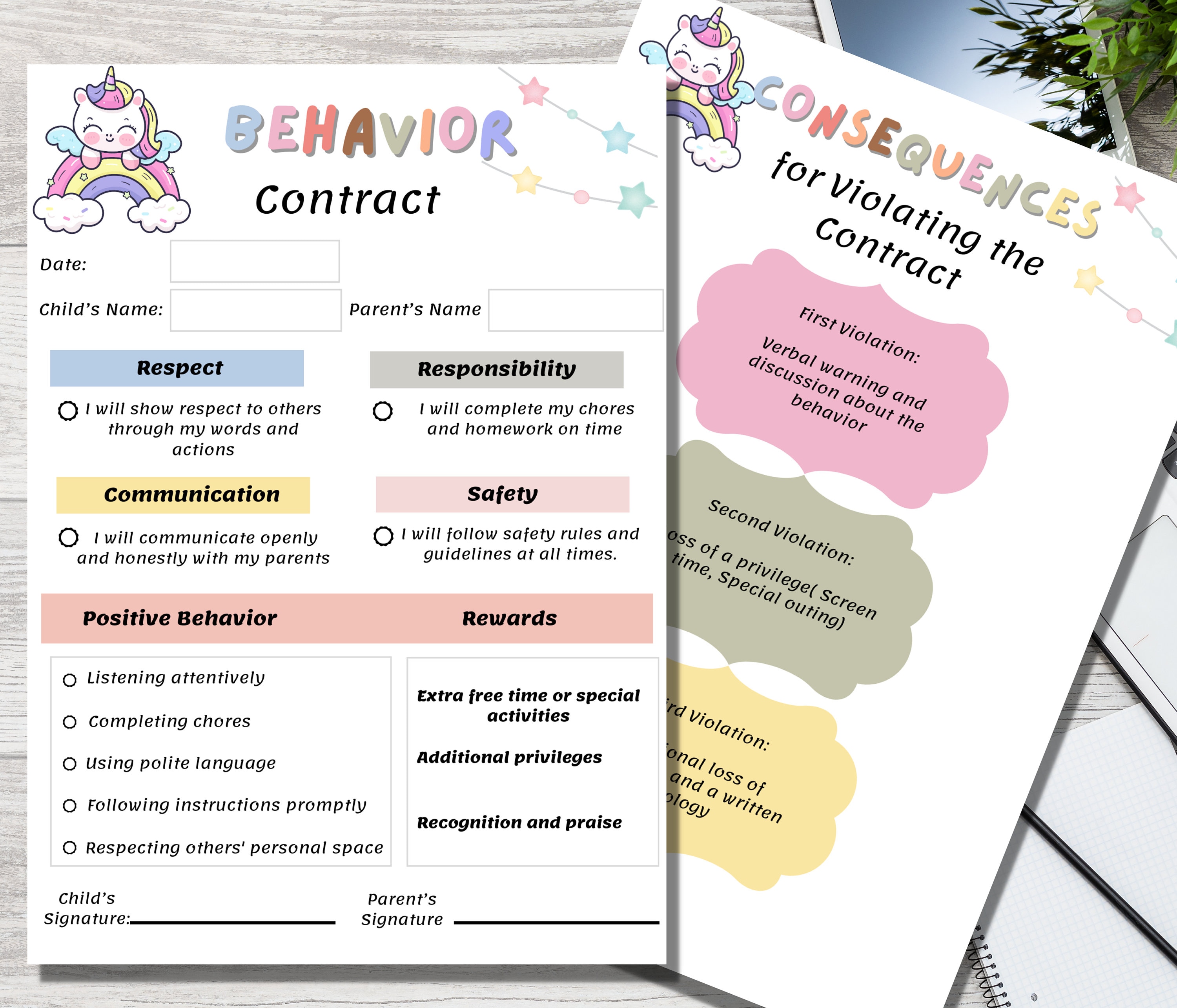Behavior Contract for Kids, Behavior and Consequences Chart, Behavior ...