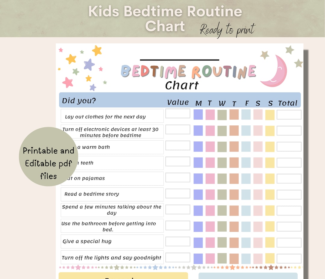 Bedtime Routine Checklist for Kids, Nighttime Routine Chart, Chore ...
