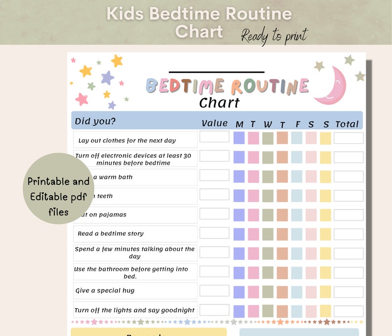 Bedtime Routine Checklist, Editable Bedtime Routine Chart, Nighttime ...