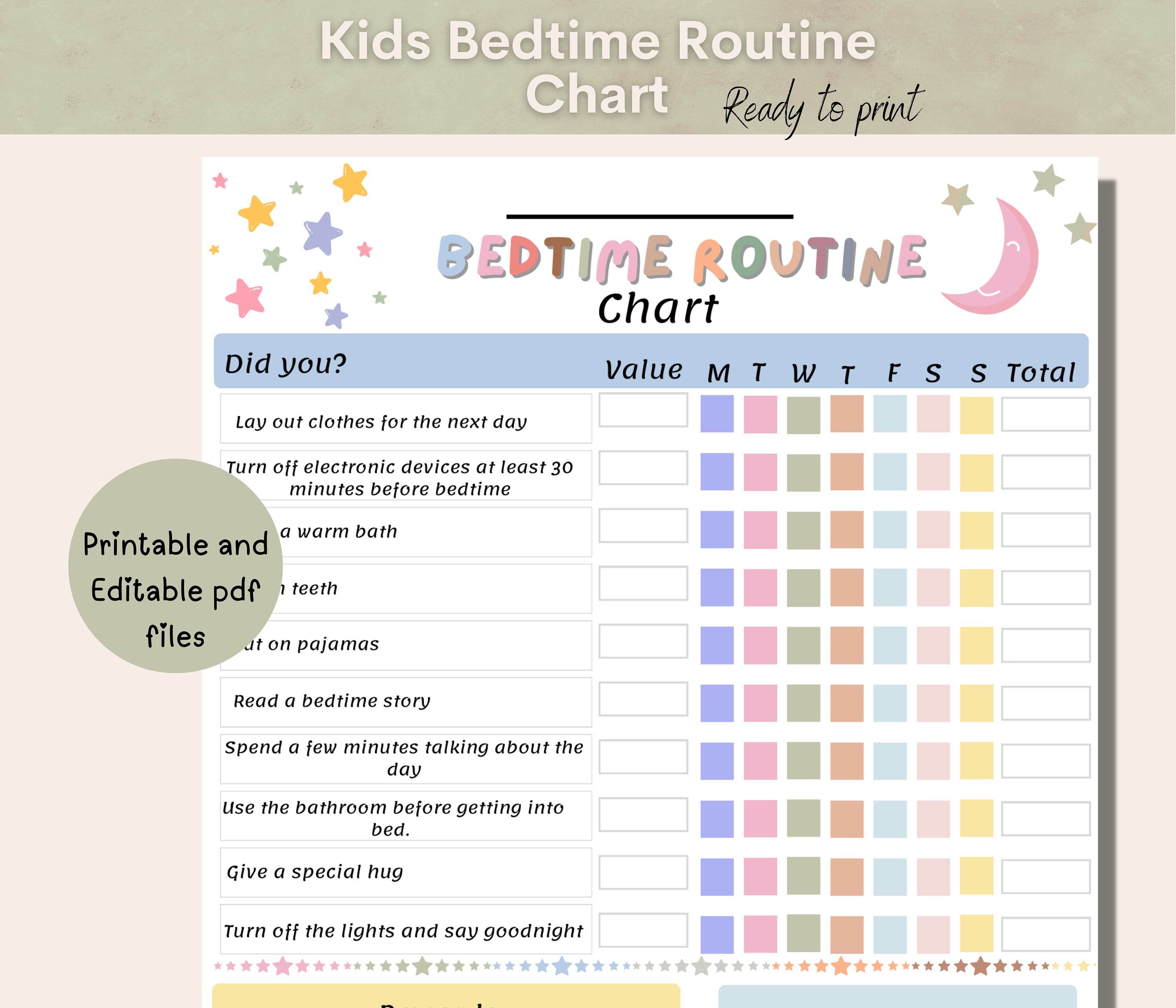 Bedtime Routine Checklist for Kids, Nighttime Routine Chart, Chore ...