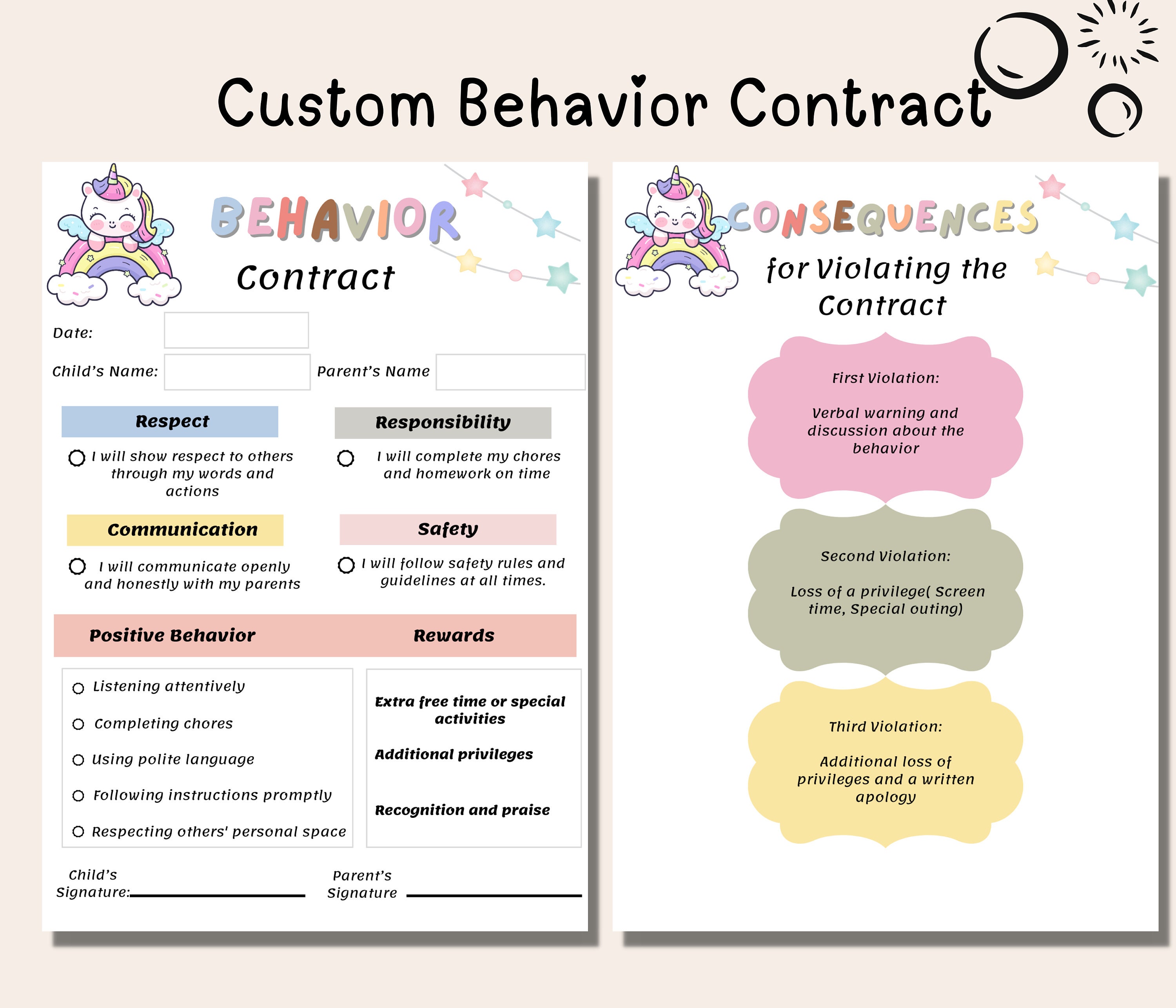 Behavior Contract for Kids, Behavior and Consequences Chart, Behavior ...