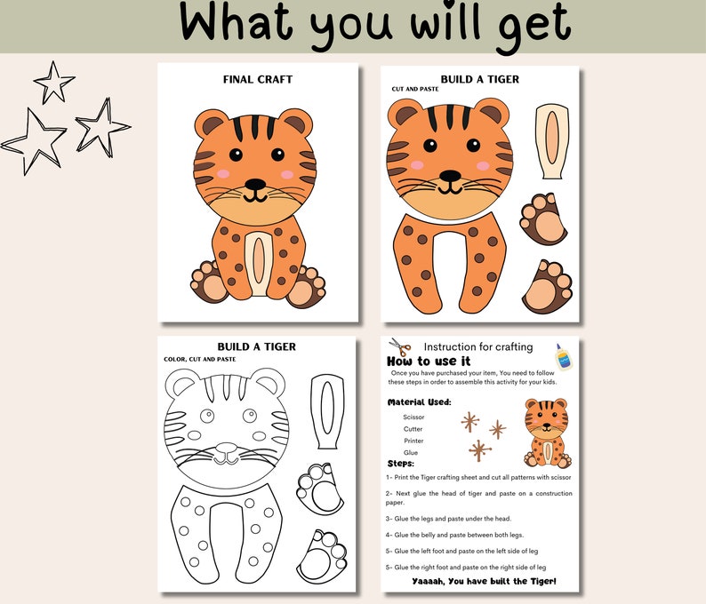 Tiger Cut Paste Activity, Preschool Cutting Practice, Kindergarten ...