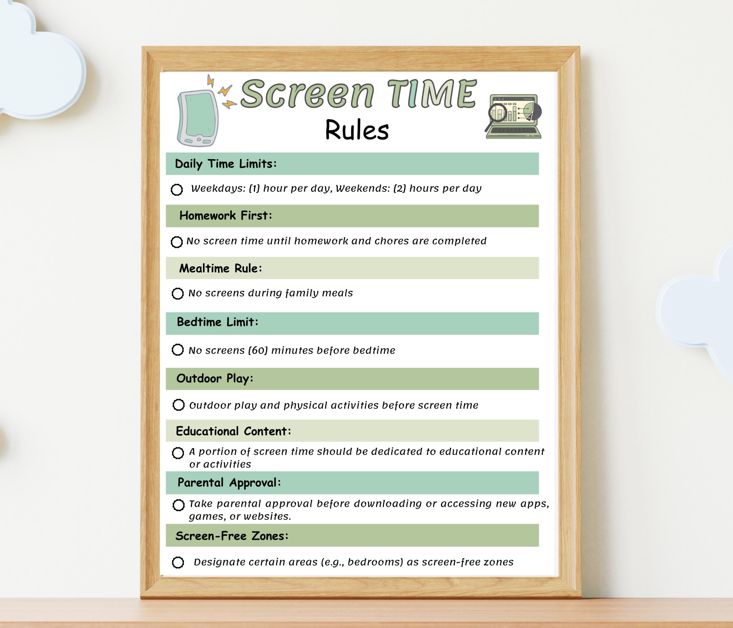 Screen Time Contract and Rules Chart Kids, Consequence Chart for ...