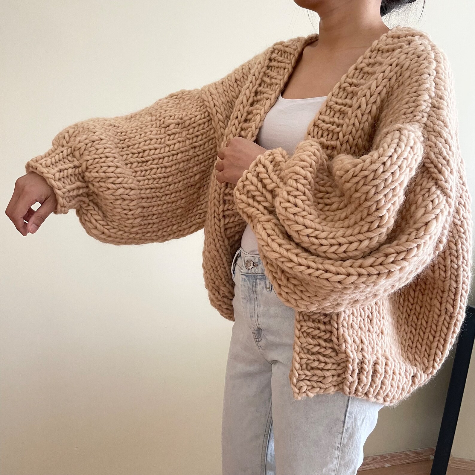 Oversized Chunky Cardigan, Hand Knit, 100% Wool, Beige Color Sweater ...
