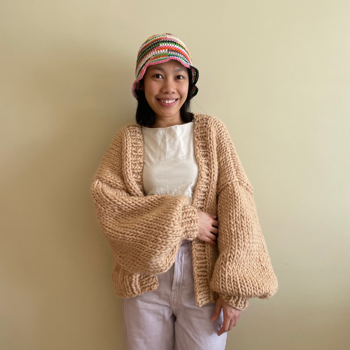 Chunky Wool Cardigan, Oversized Sweater, Balloon Sleeves, Hand Knit ...