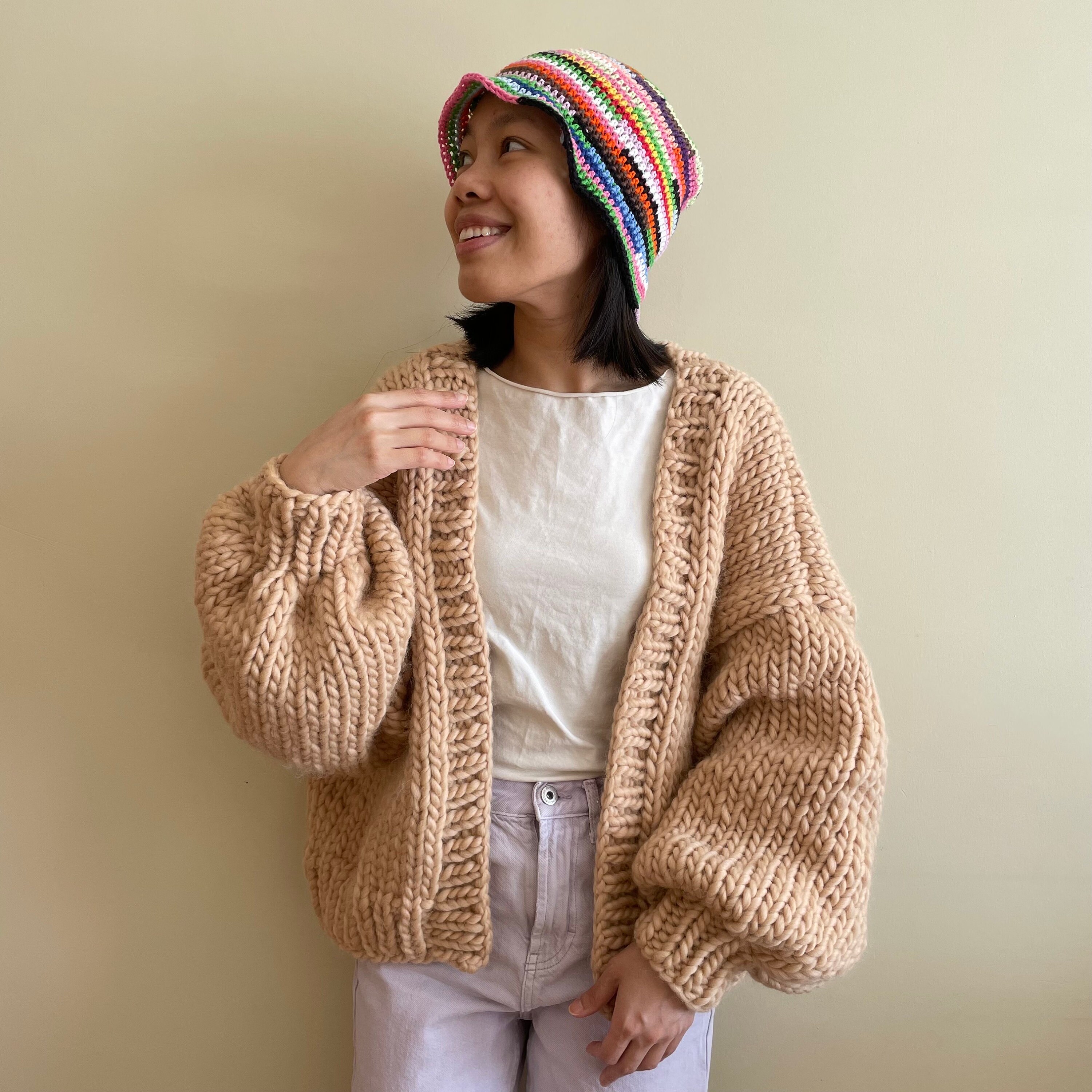 Chunky Wool Cardigan, Oversized Sweater, Balloon Sleeves, Hand Knit ...