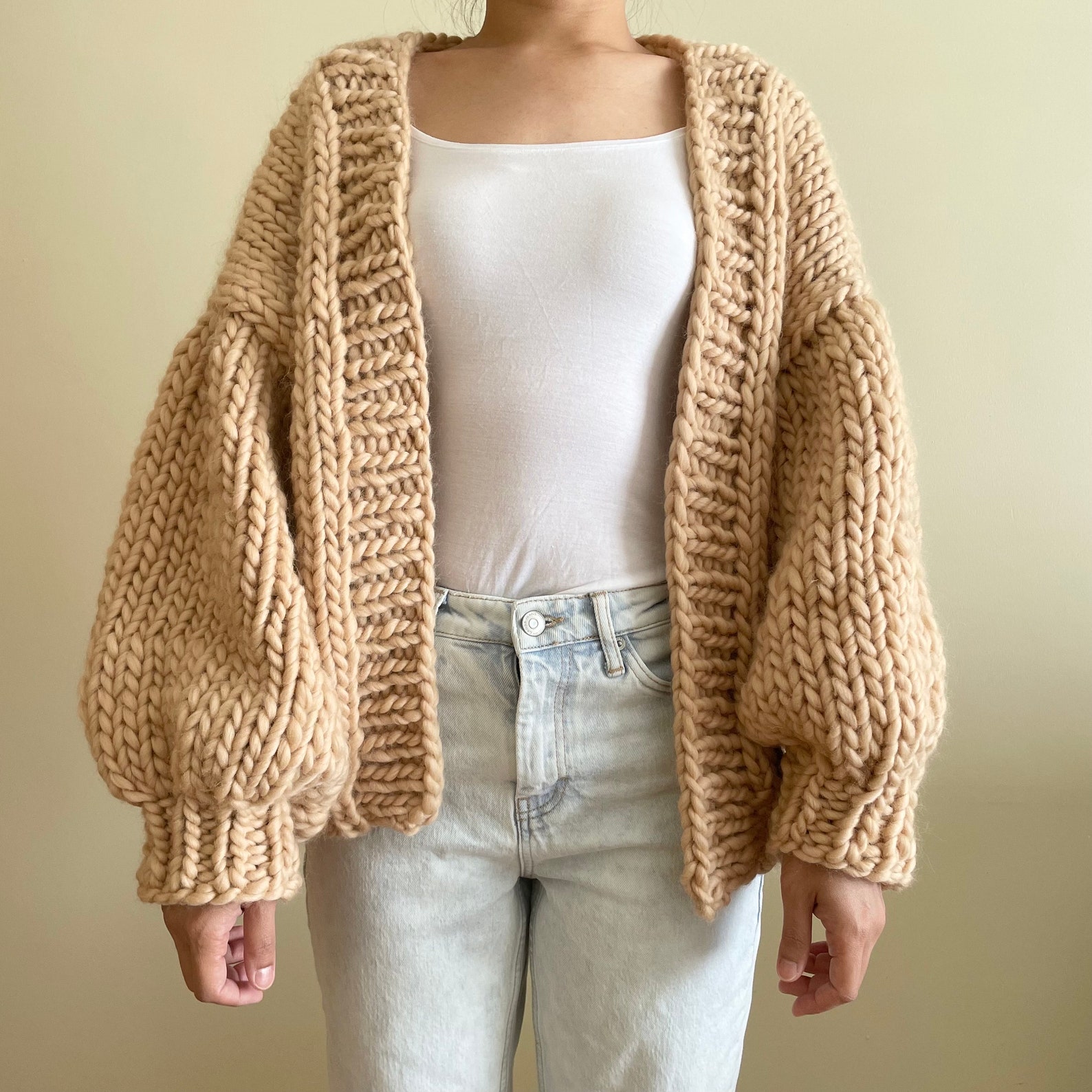 Oversized Chunky Cardigan, Hand Knit, 100% Wool, Beige Color Sweater ...