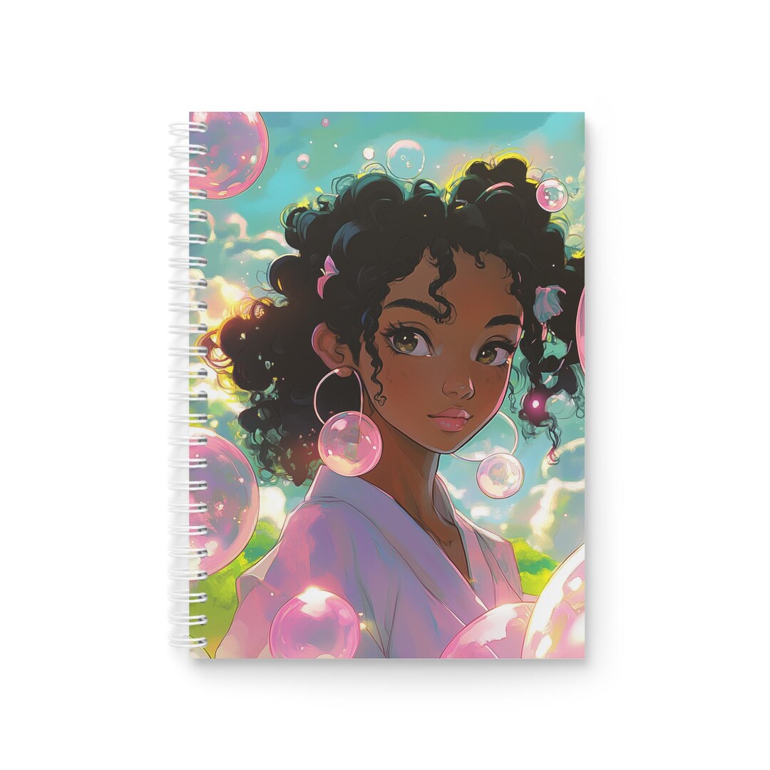 Anime Girl Spiral Notebook, Black Kawaii Journal, Cute Bubble ...