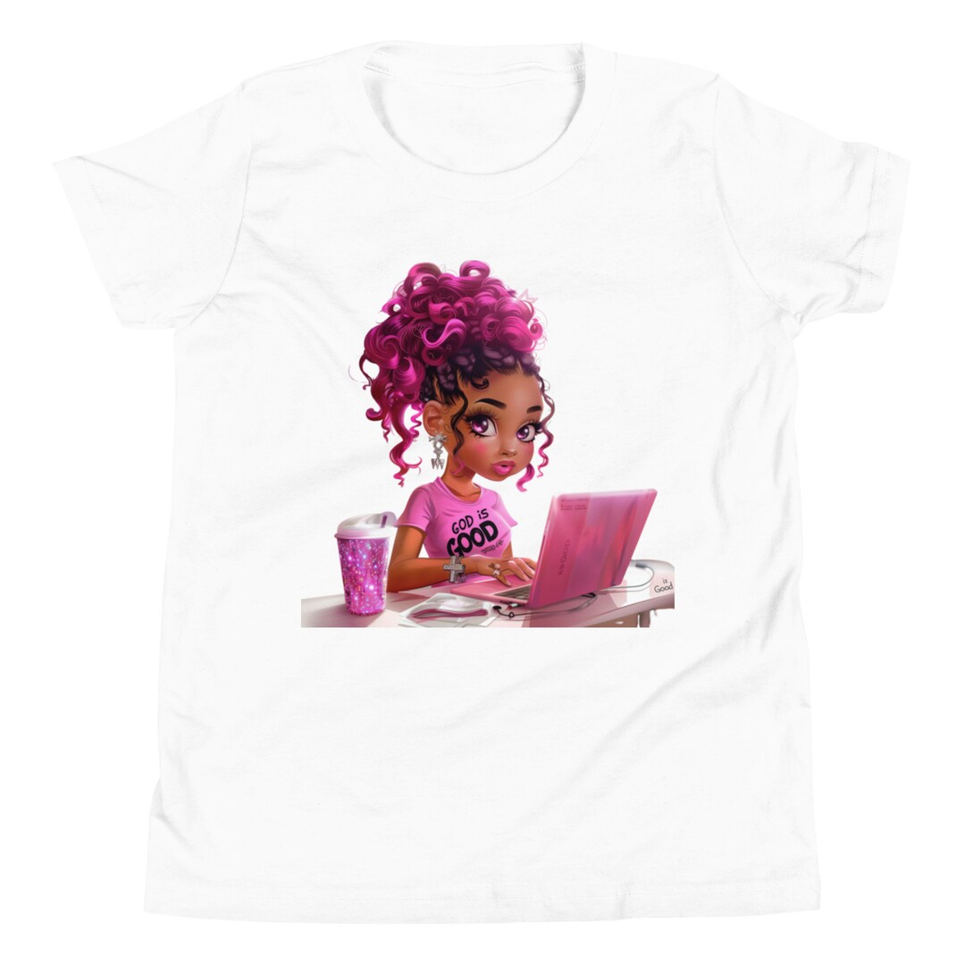 Animated Girl Typing on Her Pink Laptop Youth Short Sleeve T-shirt - Etsy