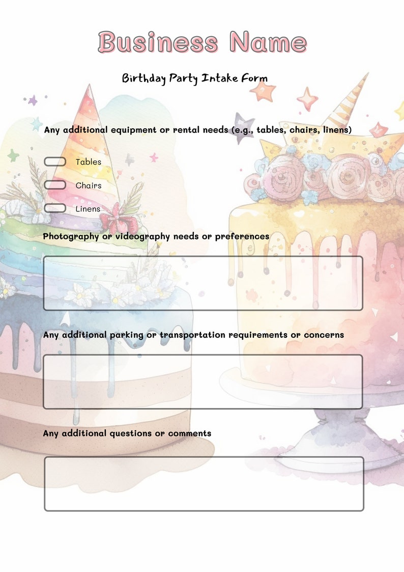 Digital Birthday Party Intake Forms for Small Businesses - Etsy