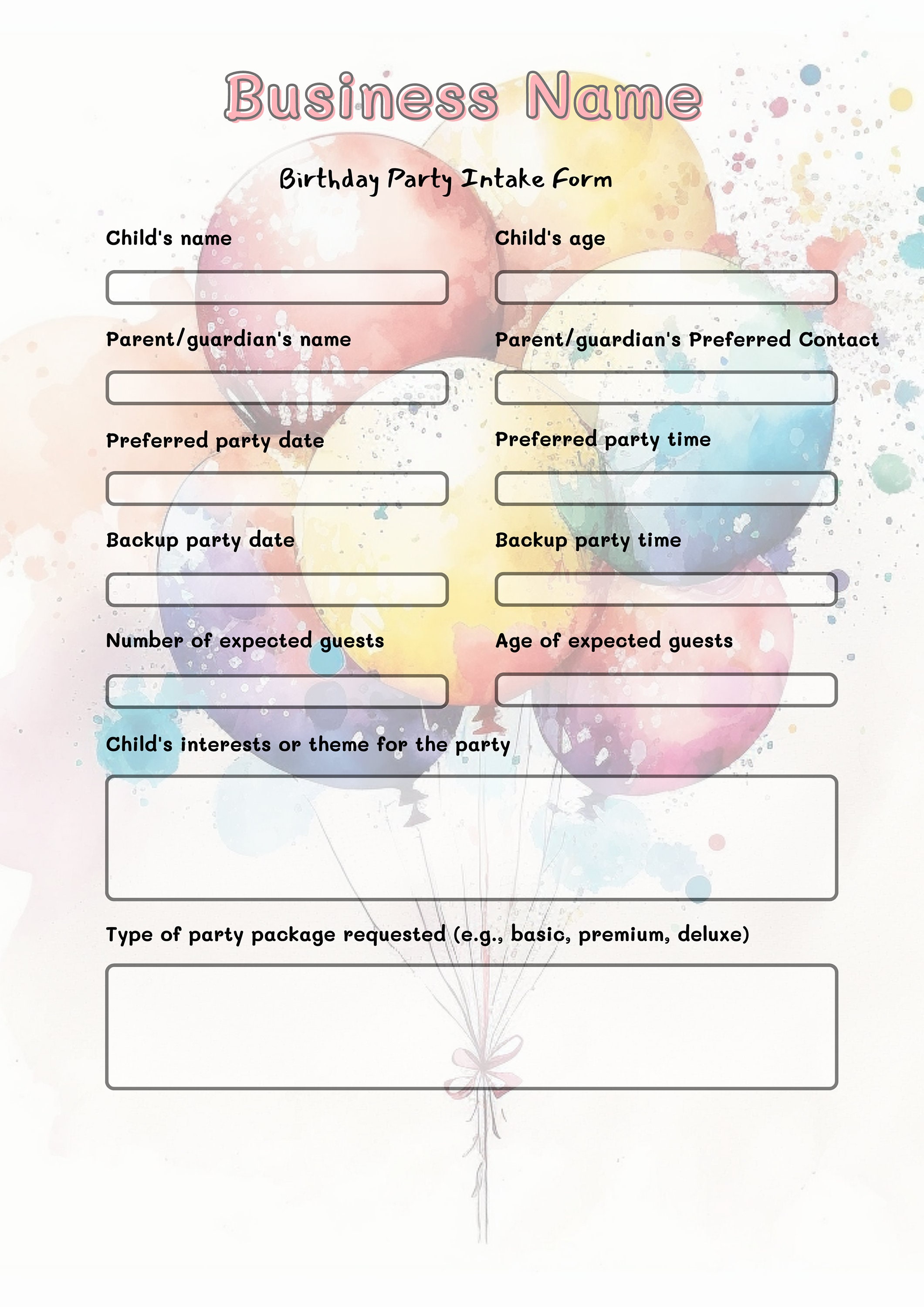 Digital Birthday Party Intake Forms for Small Businesses - Etsy