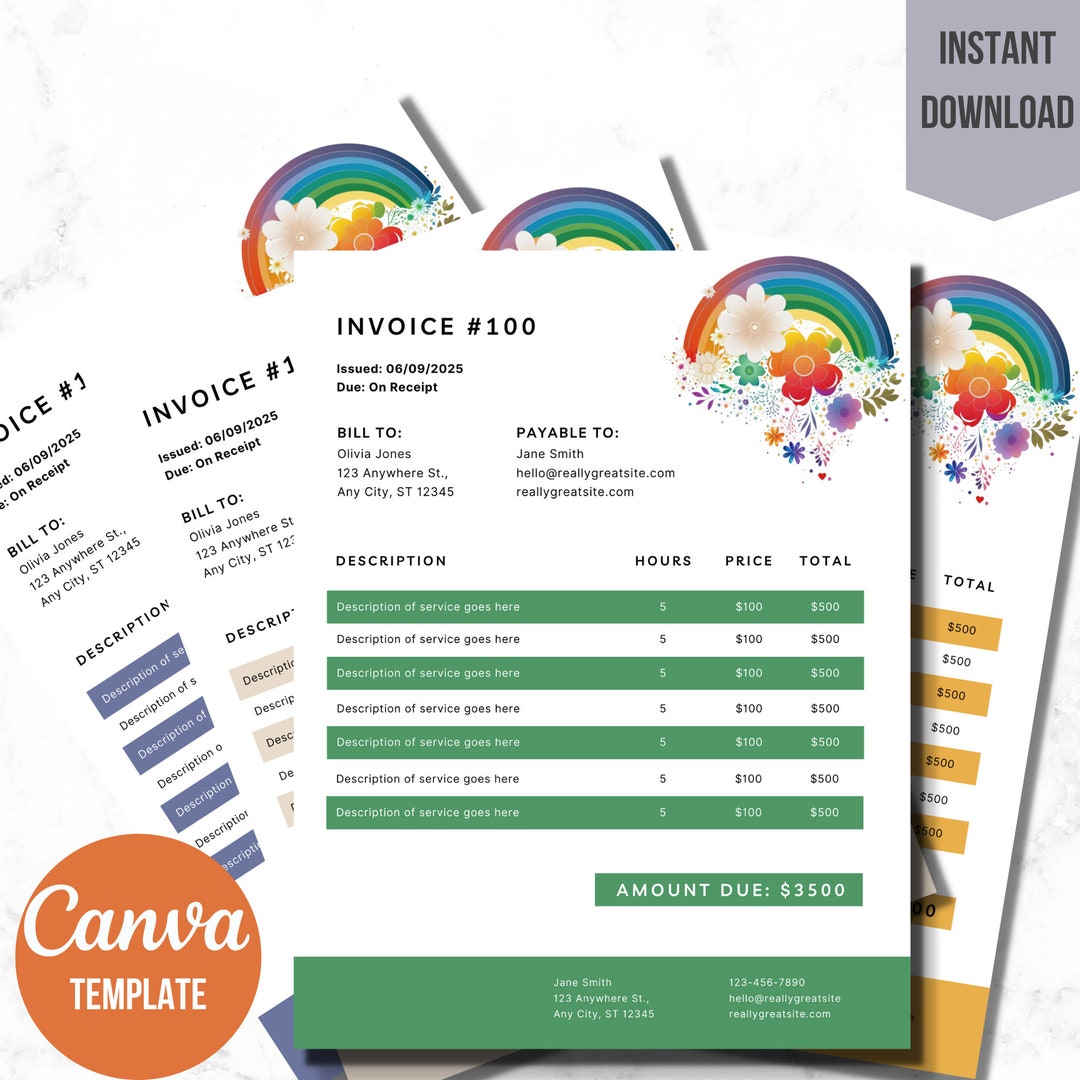 Boho Rainbow Invoice | Editable Canva Invoice Template | Simple ...