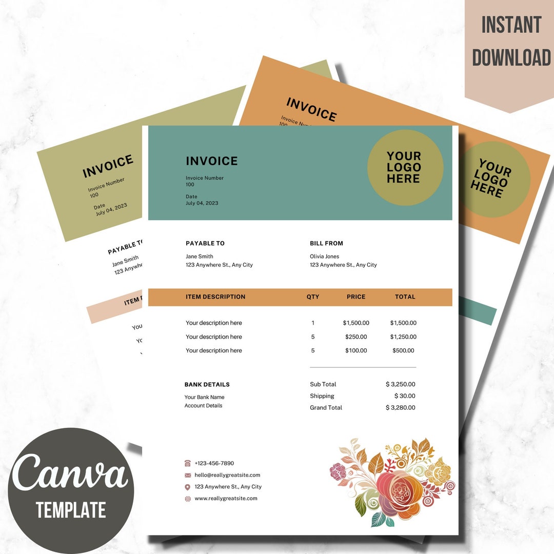 Boho Rose Modern Invoice | Editable Canva Invoice Template | Simple ...