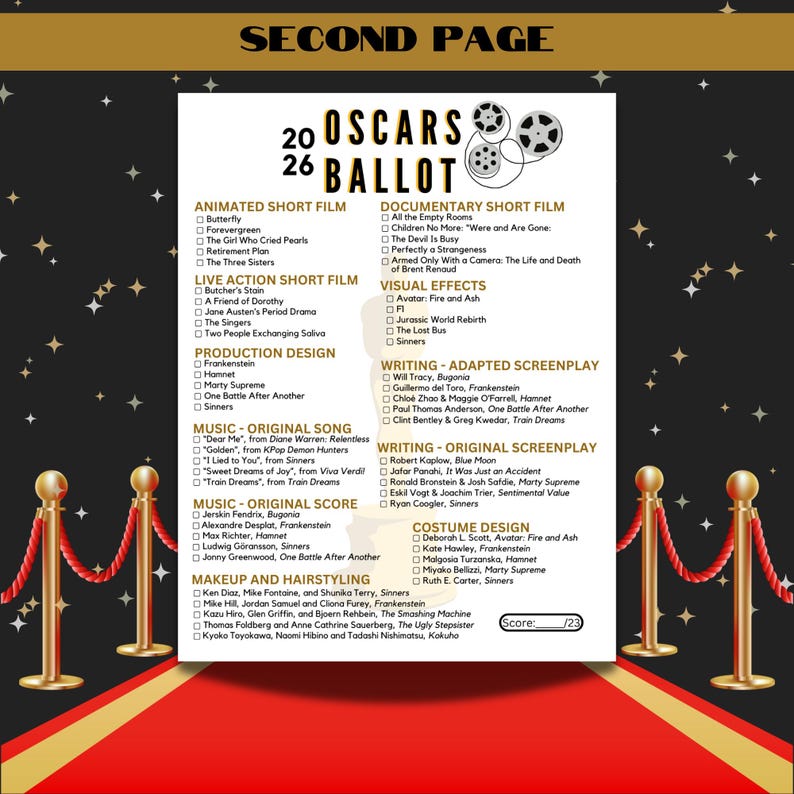 2026 Oscars Ballot, Oscars Predictions, Printable, Instant Download ...