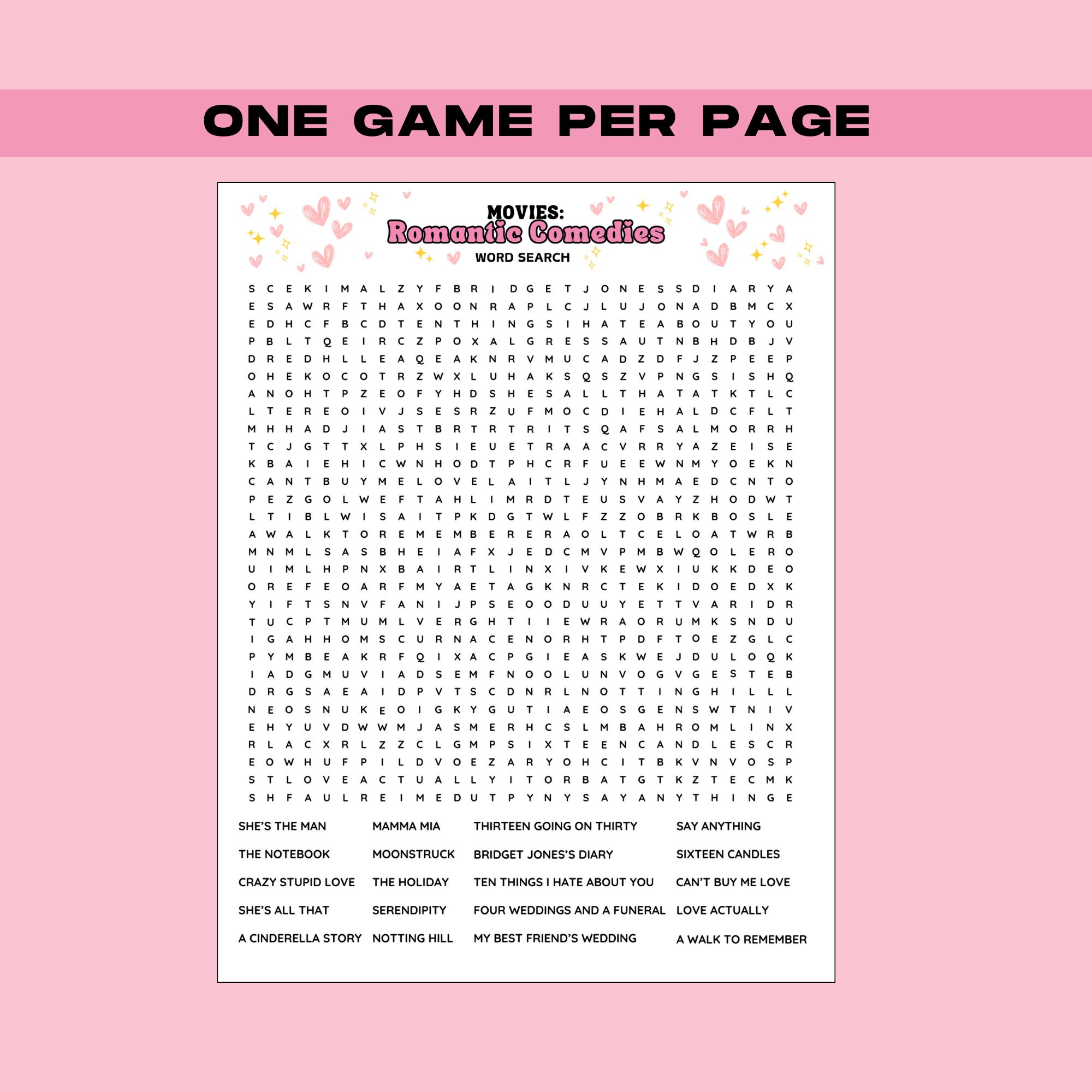 Romantic Movies Word Search, Rom Coms, Bachelorette Party Games ...