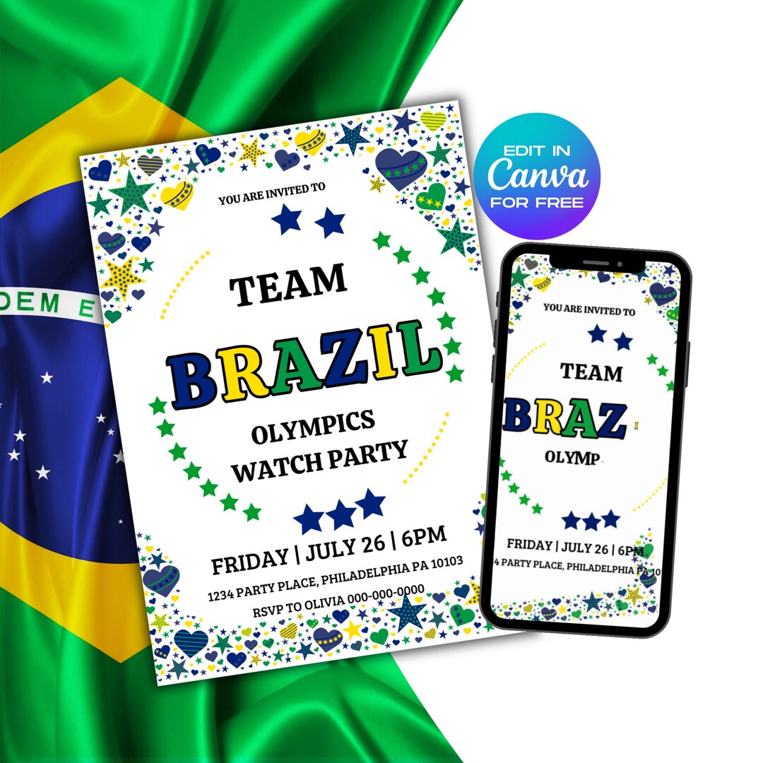 Team Brazil Olympics Editable Invitation, Watch Party Invitation, Team ...