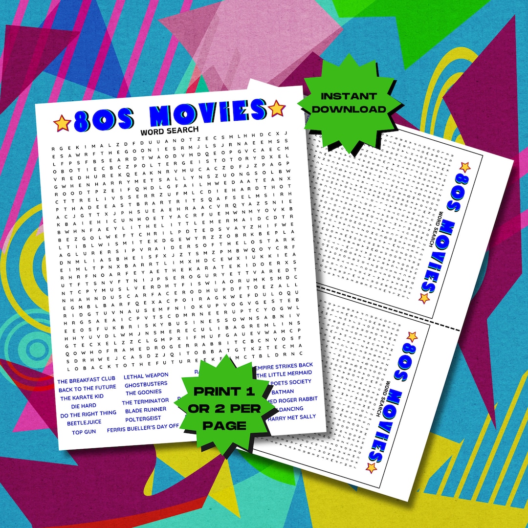 80s Movies Word Search, Printable Party Games, Fun Games, Instant ...