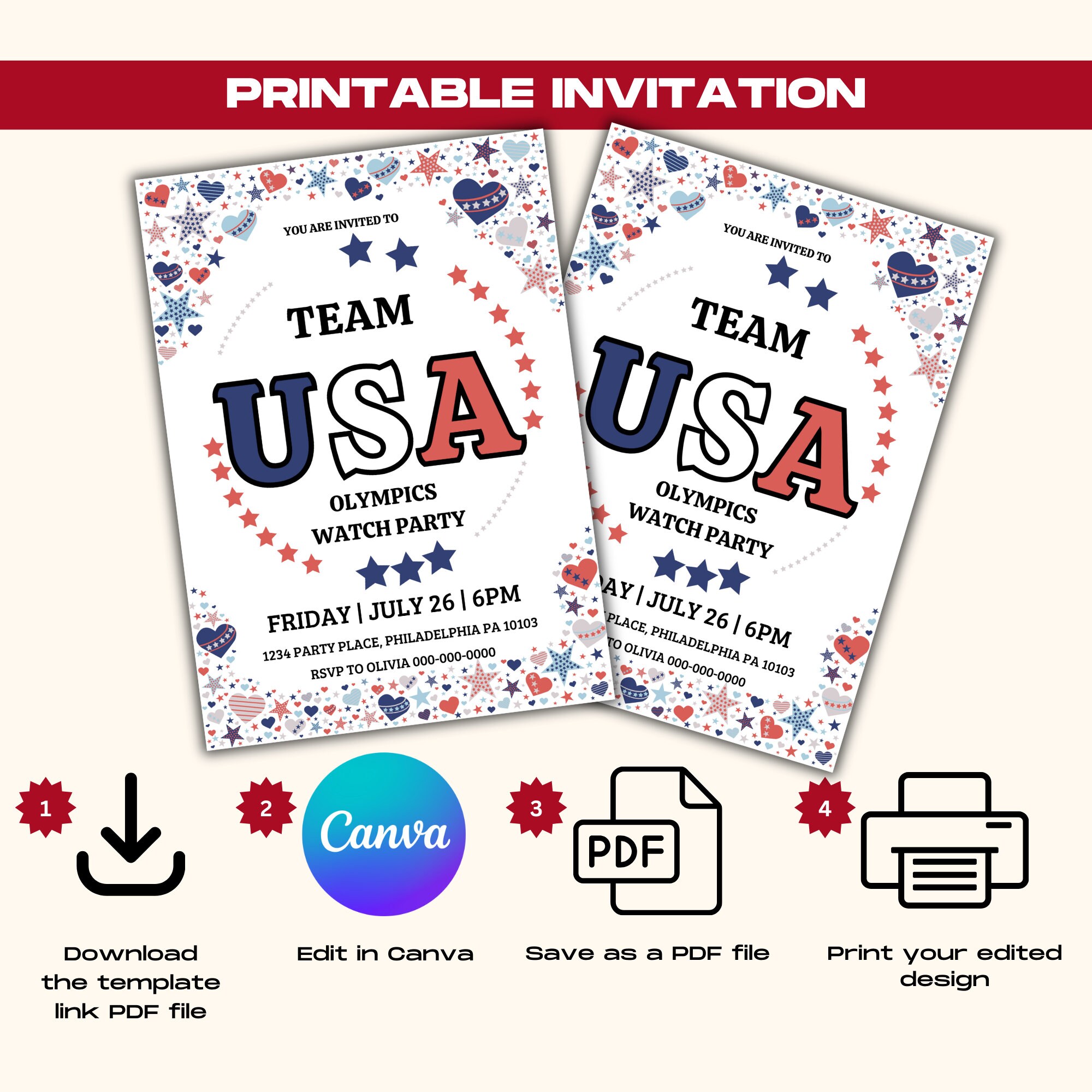 Team USA Olympics Editable Invitation, Watch Party Invitation, Team USA ...