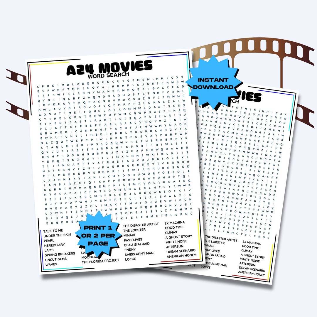 A24 Movies Word Search, Printable Party Games, Fun Games, Oscars Ballot ...
