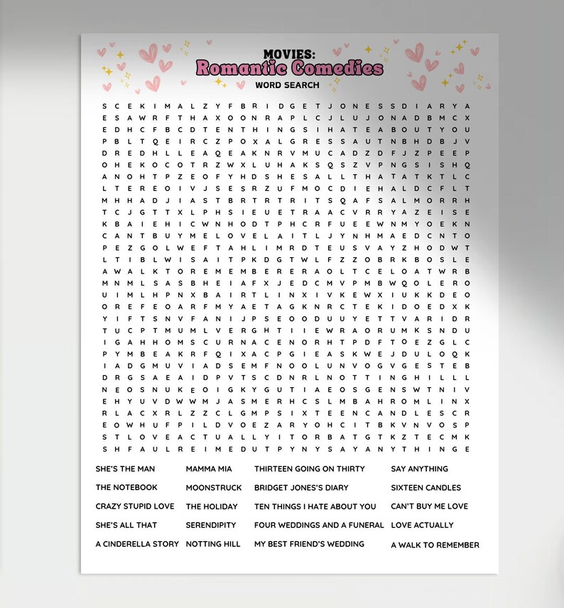 Romantic Movies Word Search, Rom Coms, Bachelorette Party Games ...