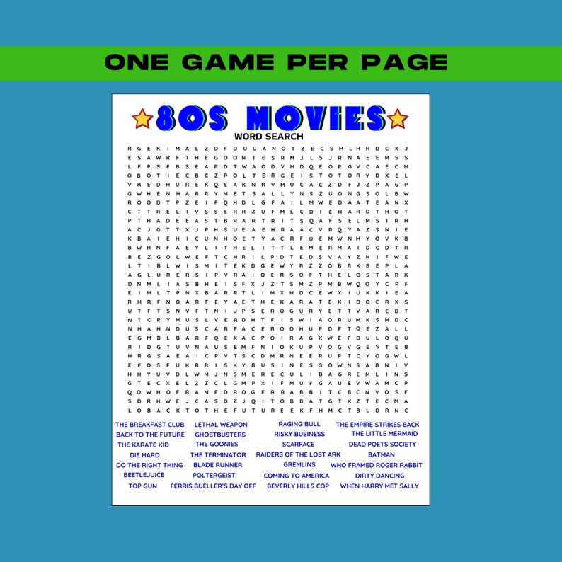 80s Movies Word Search, Printable Party Games, Fun Games, Instant ...