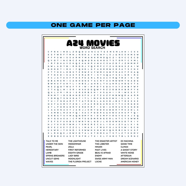 A24 Movies Word Search, Printable Party Games, Fun Games, Oscars Ballot ...