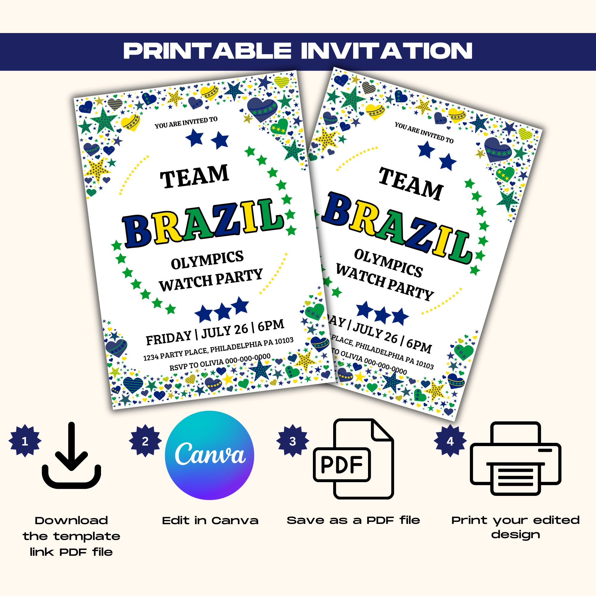 Team Brazil Olympics Editable Invitation, Watch Party Invitation, Team ...