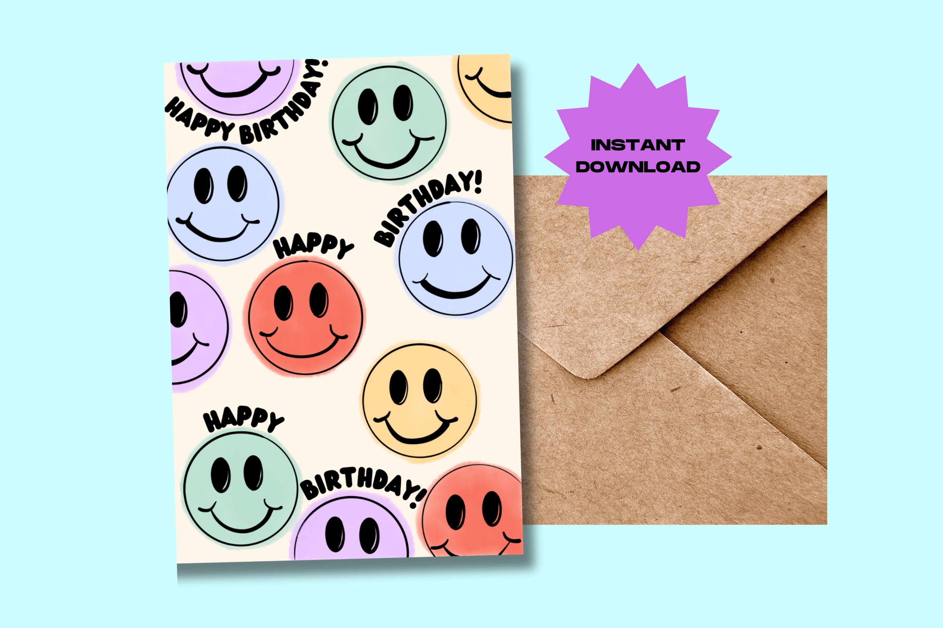 Happy Birthday Printable Card, Smiley Face Greeting Card, Instant ...