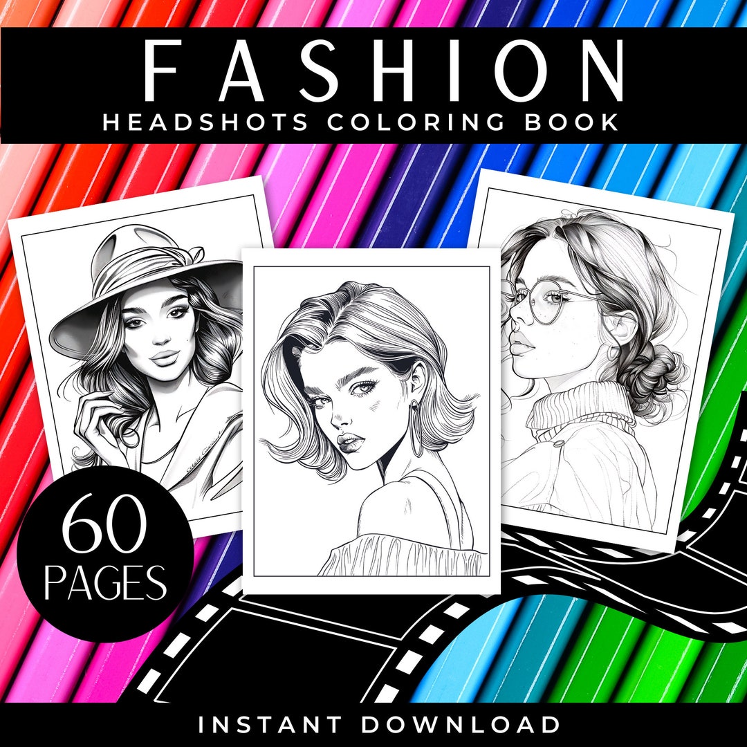 Fashion Coloring Book Hair Hats Headshots Model 60 PRINTABLE Pages Boho ...
