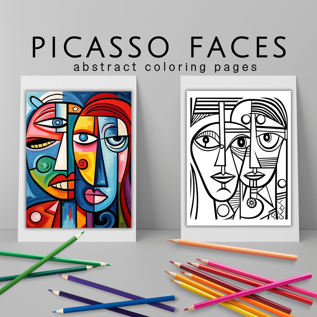 ABSTRACT Line Art Digital Coloring Pages PICASSO Faces Geometric Doodle ...