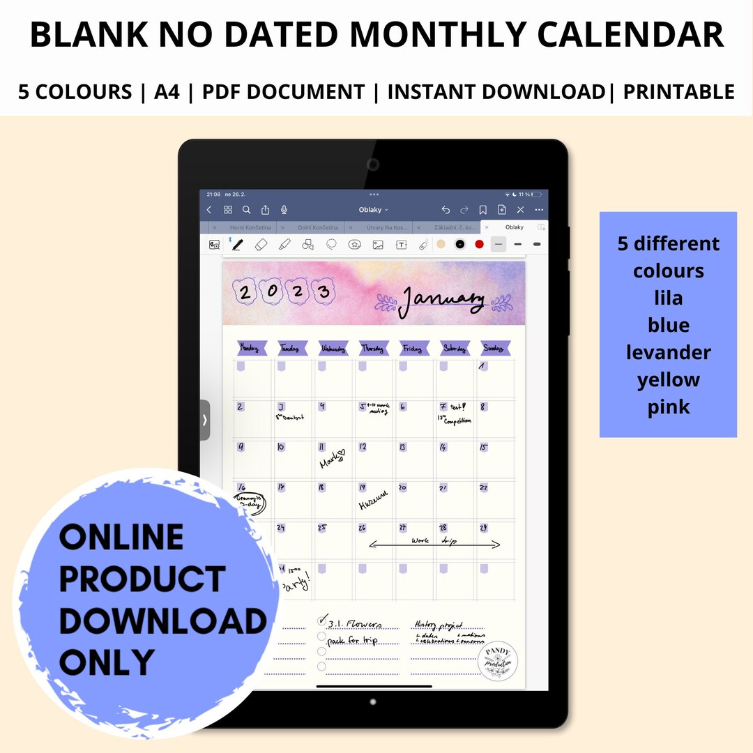 Blank No Dated Monthly Planner Calendar | Cloud Design | Pastel Colours ...