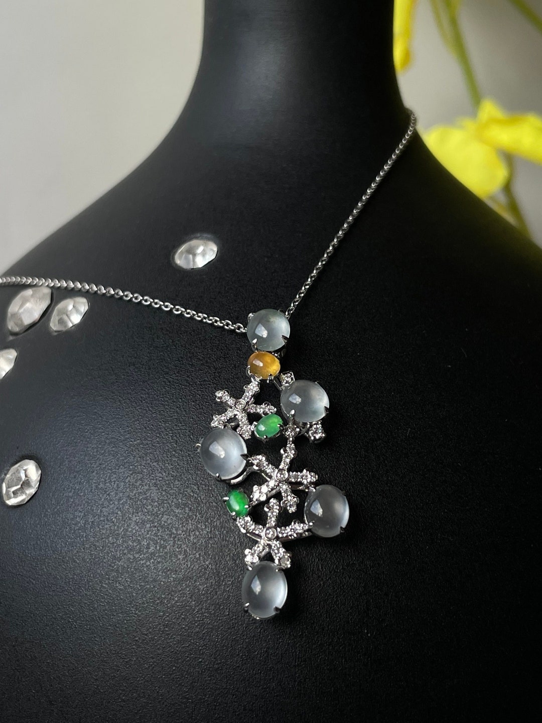 Jadeite Diamond Pendant Snowflake Design 18K White Gold Grade A Jadeite ...