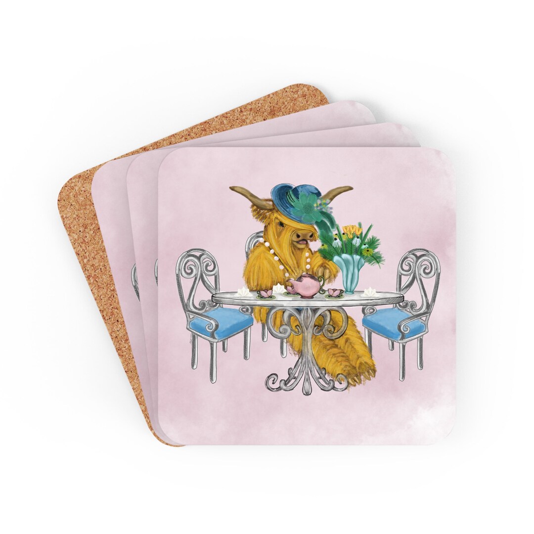 Highland Cow Tea Party Corkwood Coaster Set, Coffee Table Decor, Heifer ...