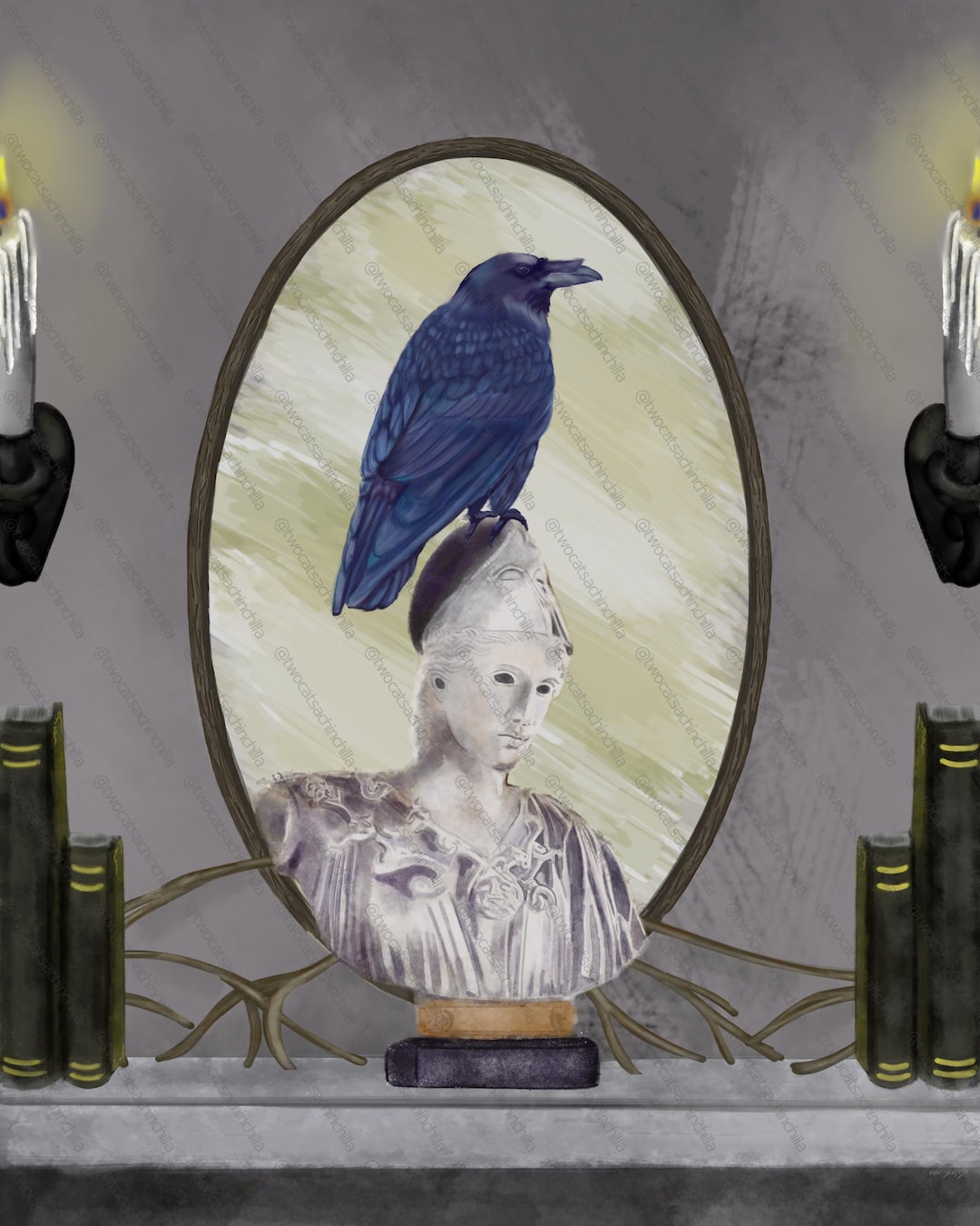 Raven Watercolor Painting on Athena Bust With Mirror - Nevermore ...