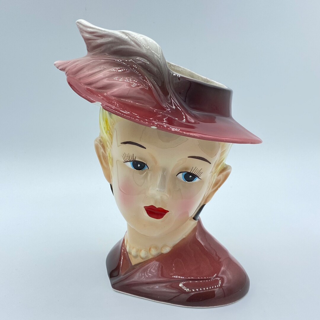 Vintage Shafford Lady Head Vase Planter Burgundy Feather Hat Pearls - Etsy