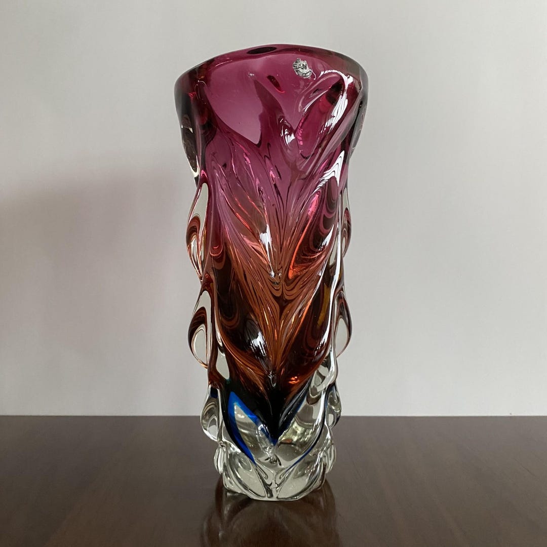 Vintage Sanyu Japan Art Glass Sculptural Vase Rainbow Tricolor Sticker ...