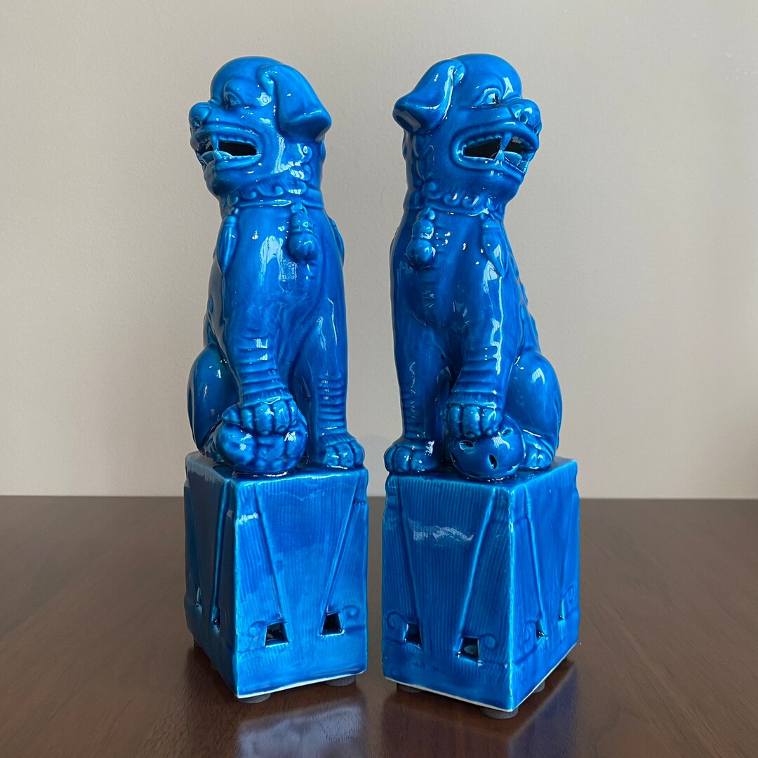 Quality Pair of Large Vintage Chinese Turquoise Blue Glazed Foo Dogs 10 ...