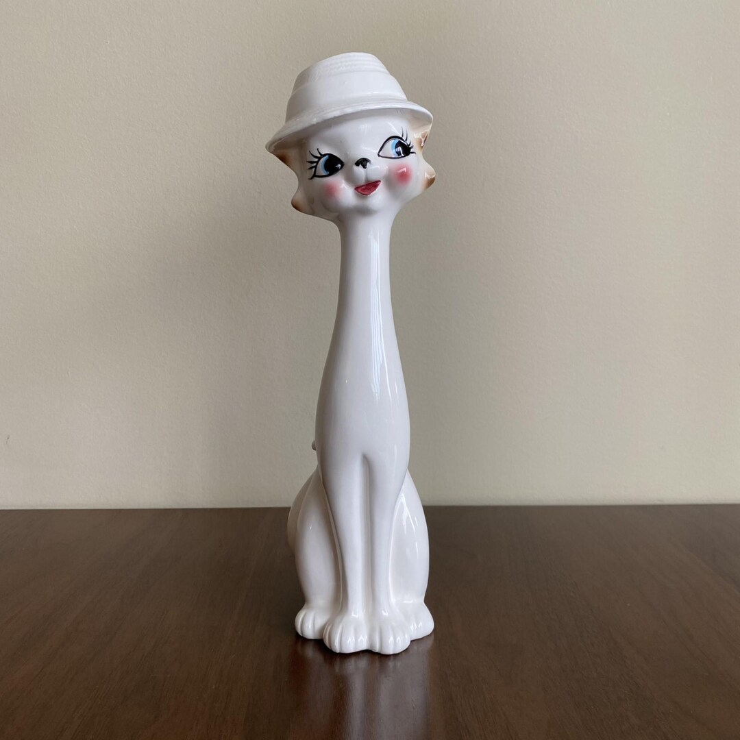 Vintage Kitsch Big Eye Kitty Kawaii Retro Long Neck Cat Hat Figurine ...