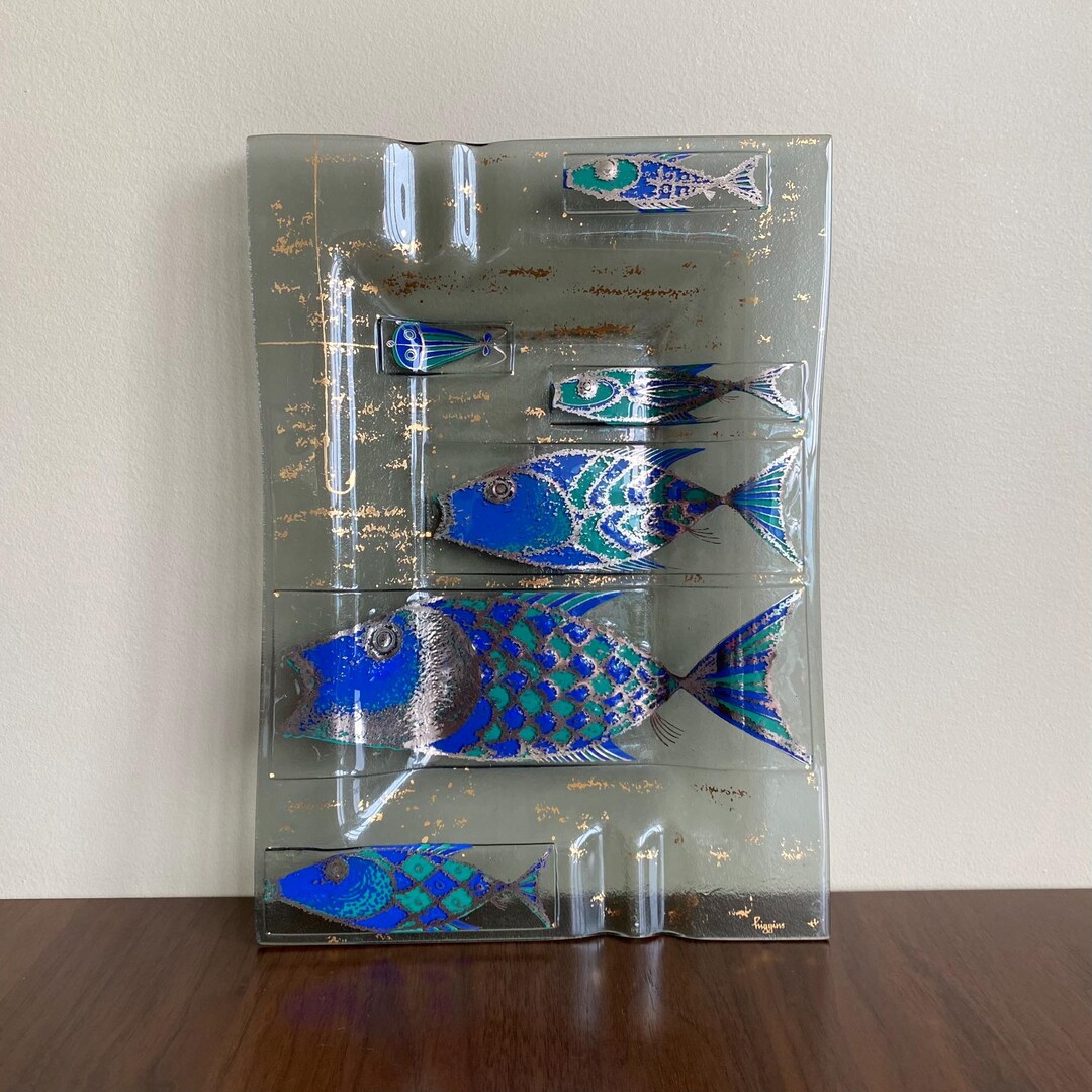 Vintage Higgins Fused Glass Fish Ashtray Platter Blue and Gold MCM ...