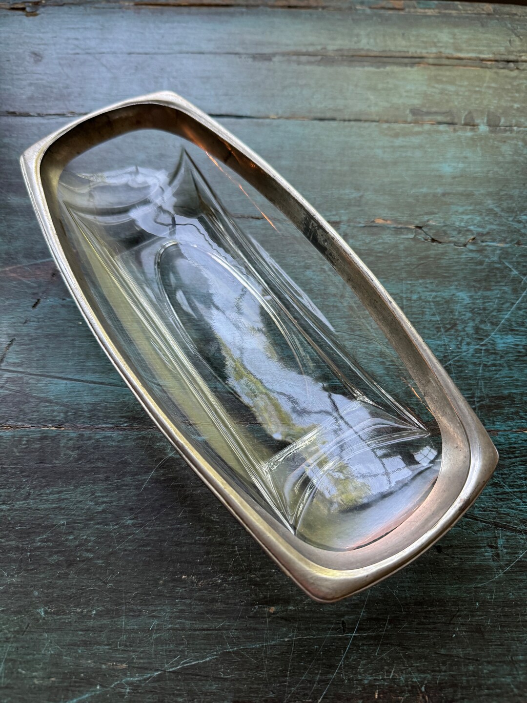 MCM Glass Dish With Silver Banded Rim Vintage Mid Century - Etsy