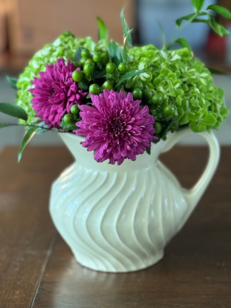 Stoneware, Pitcher, Swirl Design, White Matte, Vintage, Shabby Chic ...
