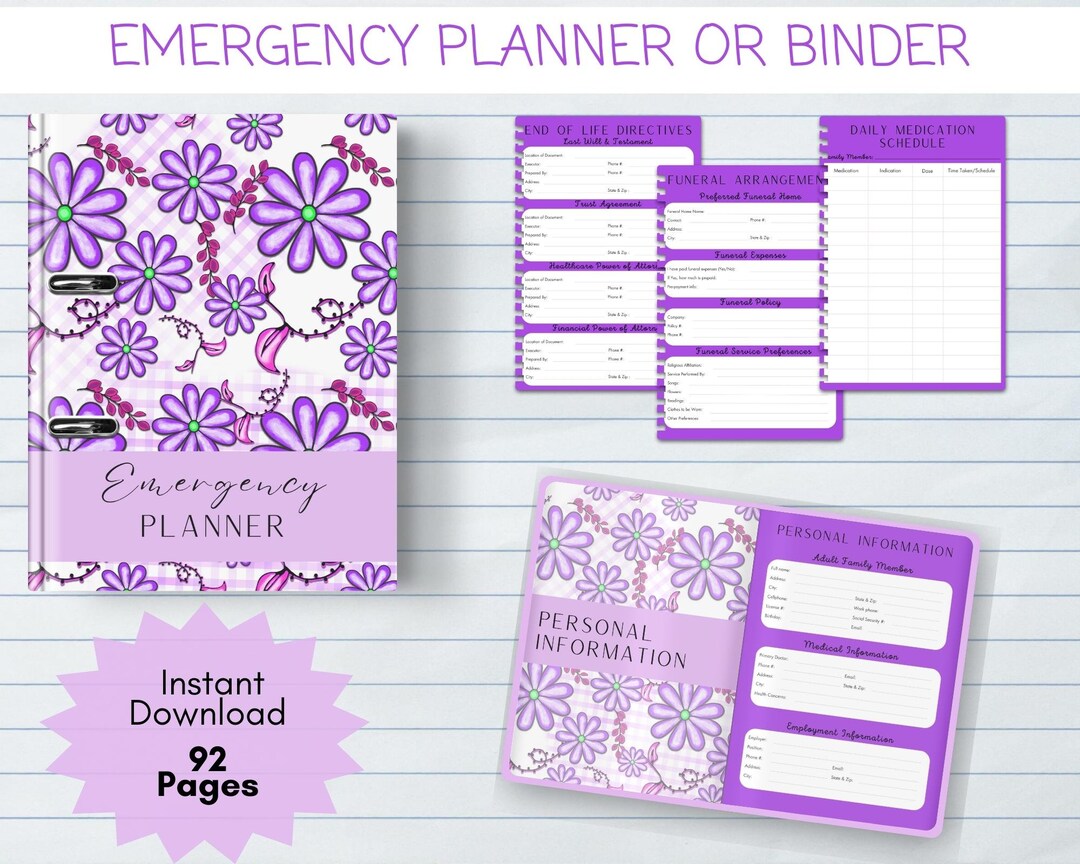 Neon Purple Floral Emergency Binder Printable, End of Life Planner ...