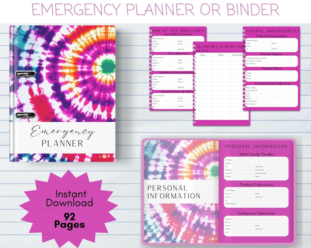 Tie Dye Emergency Binder Printable, End of Life Planner, Just in Case ...
