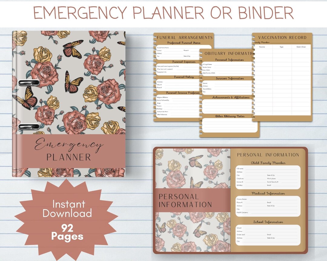 Boho Butterflies and Roses Emergency Binder Printable, End of Life ...